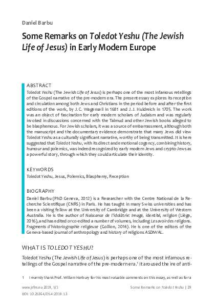 (PDF) Daniel Barbu, "Some Remarks on Toledot Yeshu (The Jewish Life of ...