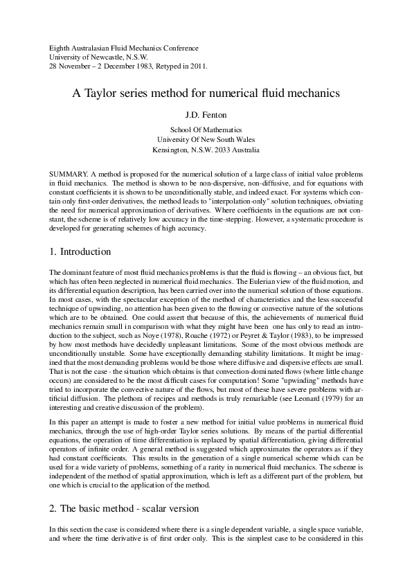 (PDF) Fenton83b A Taylor series method for numerical fluid mechanics