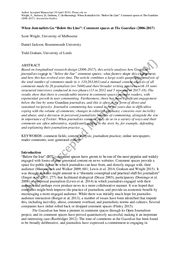 (PDF) When Journalists Go “Below the Line”: Comment spaces at The ...