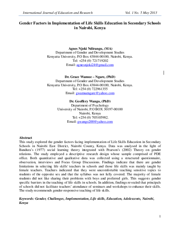(PDF) Gender Factors in the Implementation of Life Skills Education in ...