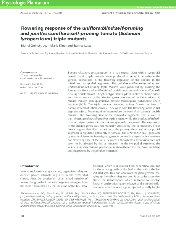 (PDF) Flowering response of the uniflora:blind:self-pruning and ...