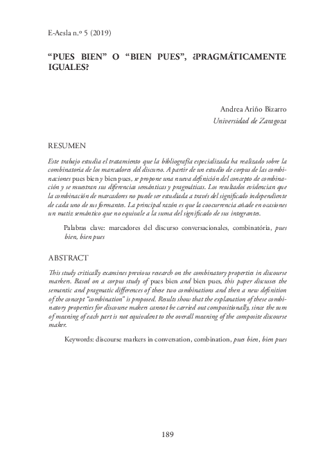"PUES BIEN" O "BIEN PUES", ¿PRAGMÁTICAMENTE IGUALES