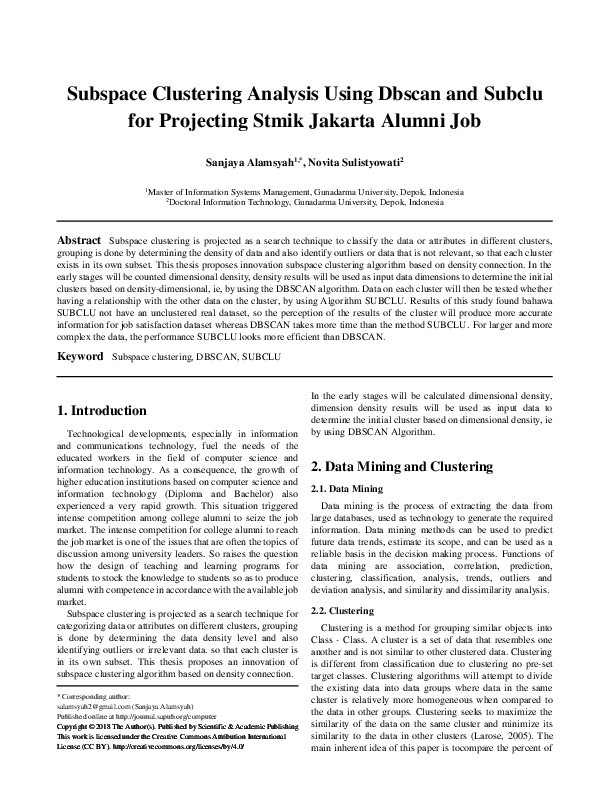 Doc Subspace Clustering Analysis Using Dbscan And Subclu For Projecting Stmik Jakarta Alumni Job