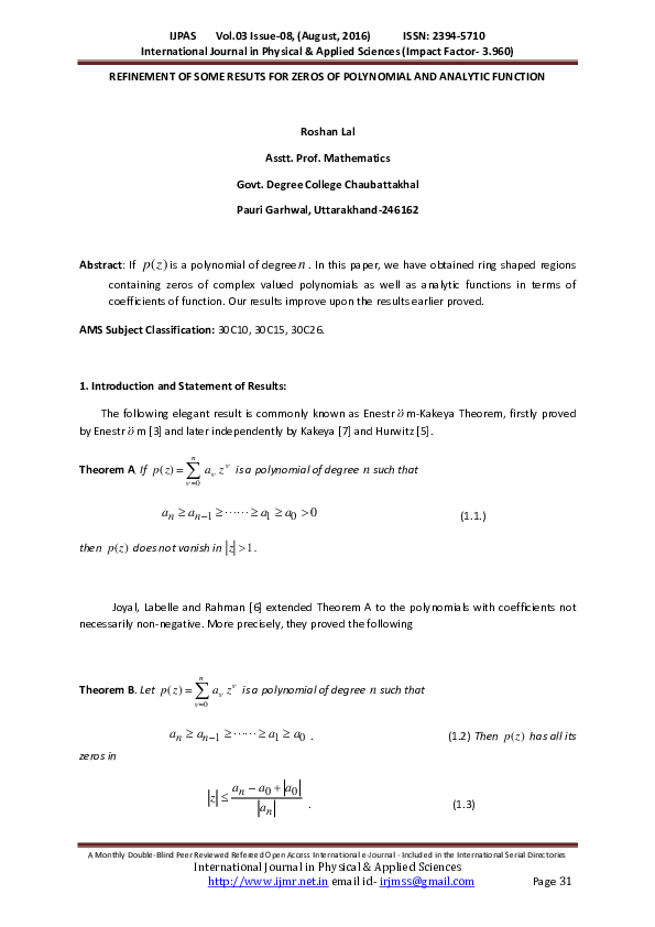 (PDF) REFINEMENT OF SOME RESUTS FOR ZEROS OF POLYNOMIAL AND ANALYTIC FUNCTION