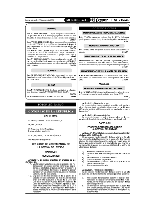 (PDF) Pág. 216537 NORMAS LEGALES PODER LEGISLATIVO CONGRESO DE LA REPÚBLICA LEY Nº 27658 EL ...