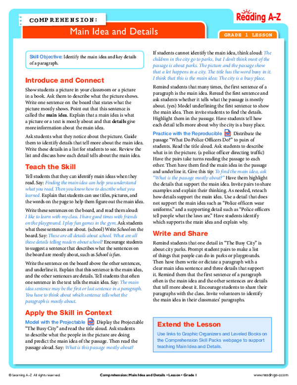 (PDF) Grade 1 LeSSON Comprehension: Main Idea and Details • Lesson ...