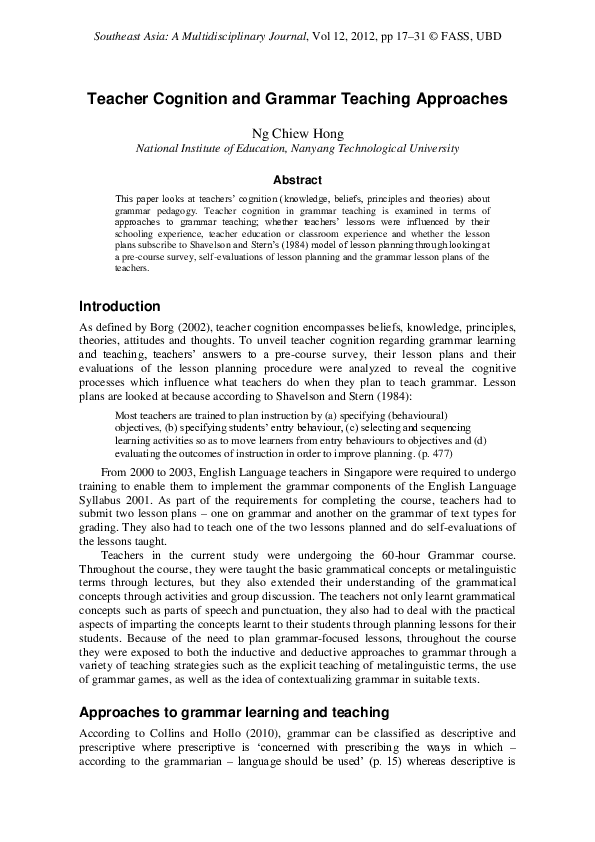 Pdf Teacher Cognition And Grammar Teaching Approaches