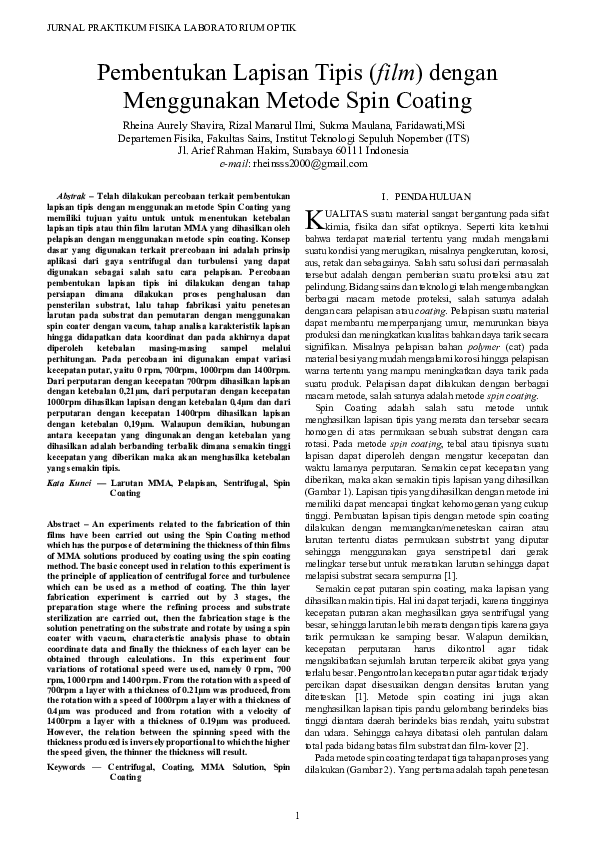 (PDF) LAPORAN PRAKTIKUM OPTIK Pembentukan Lapisan Tipis (thin film) dengan Menggunakan Metode ...