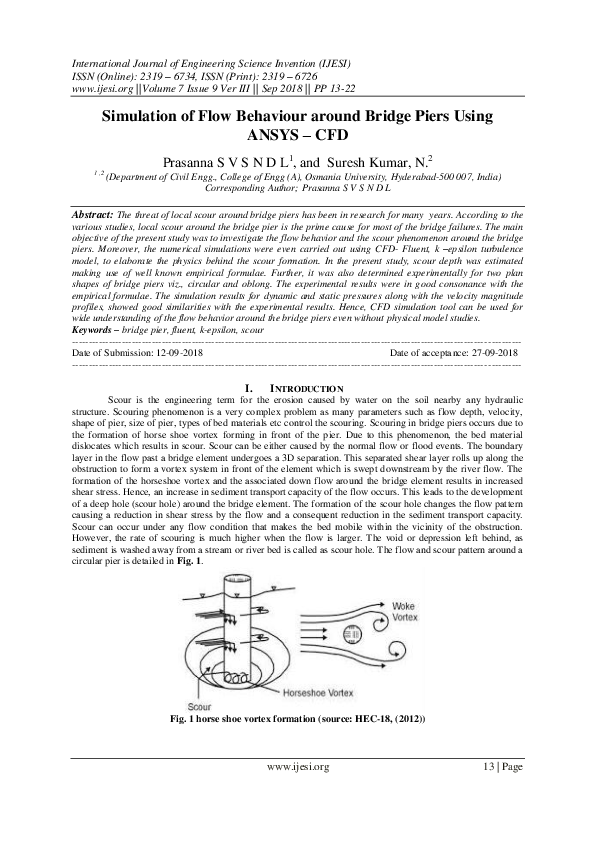 (PDF) Simulation of Flow Behaviour around Bridge Piers Using ANSYS -CFD