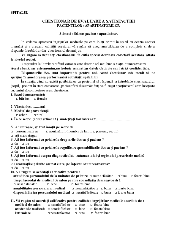 (DOC) CHESTIONAR PRIVIND SATISFACŢIA PACIENTULUI
