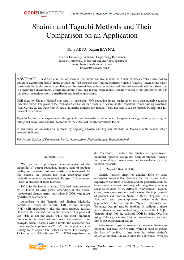 (PDF) Shainin and Taguchi Methods and Their Comparison on an Application