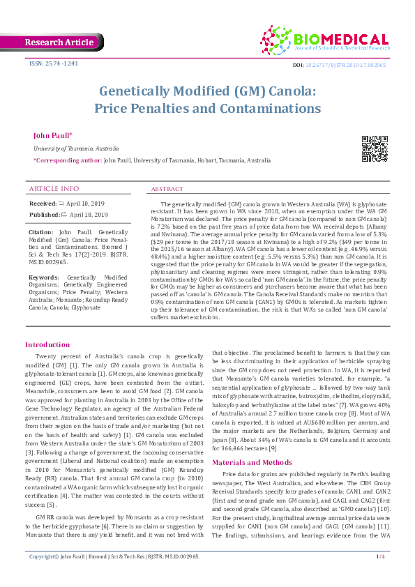 (PDF) Genetically Modified (GM) Canola: Price Penalties and Contaminations