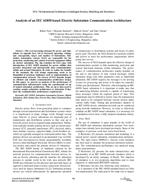 Pdf Analysis Of An Iec 61850 Based Electric Substation Communication Architecture