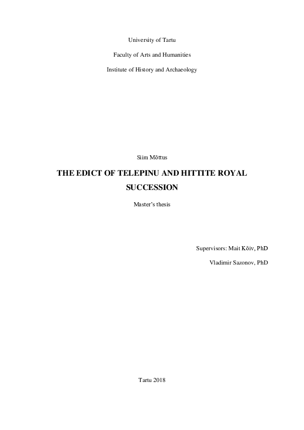 (PDF) The Edict of Telepinu and Hittite Royal Succession