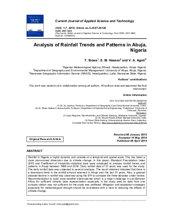 (PDF) Analysis of Rainfall Trends and Patterns in Abuja, Nigeria