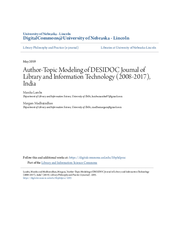 (PDF) Author-Topic Modeling of DESIDOC Journal of Library and ...
