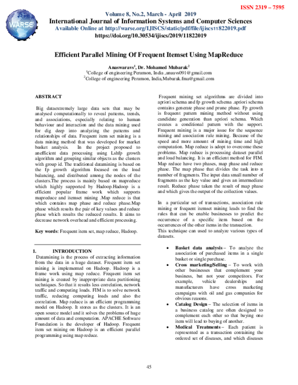 Pdf Efficient Parallel Mining Of Frequent Itemset Using Mapreduce Warse The World Academy Of