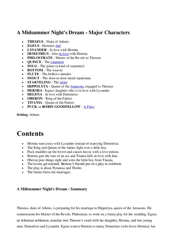 (DOC) A Midsummer Night's Dream -Major Characters