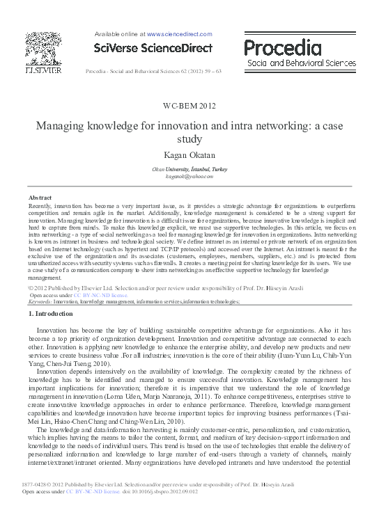 (PDF) Managing knowledge for innovation and intra networking a case study