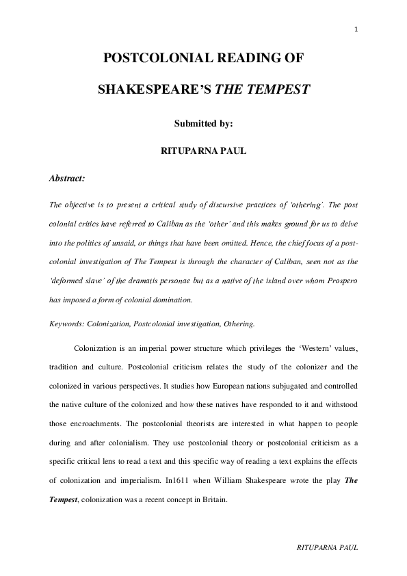 (DOC) Postcolonial Reading of Shakespeare's The Tempest