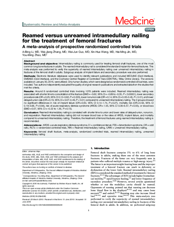 (PDF) Reamed versus unreamed intramedullary nailing for the treatment of femoral fractures A ...