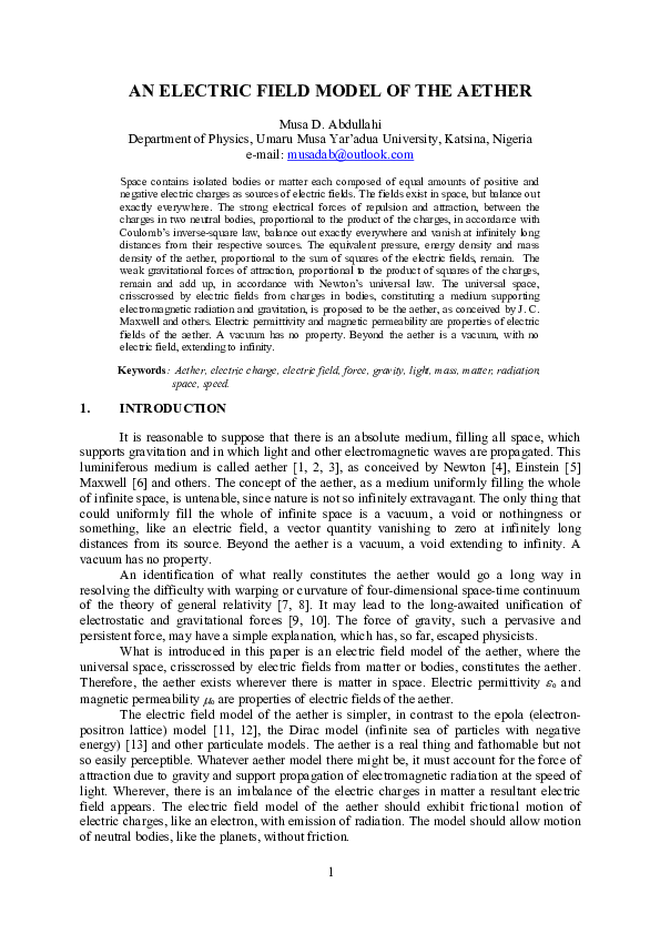 (PDF) AN ELECTRIC FIELD MODEL OF THE AETHER | Musa D. Abdullahi ...