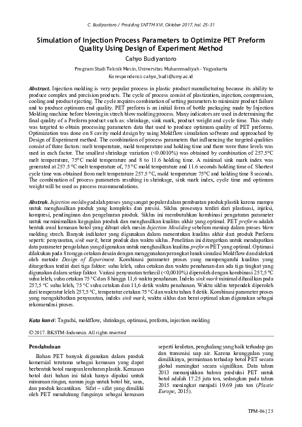 (PDF) Simulation of Injection Process Parameters to Optimize PET ...