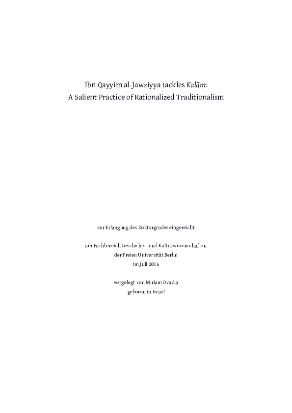 (PDF) MIRIAM OVADIA, "Ibn Qayyim al-Jawziyya tackles Kalām: A Salient ...