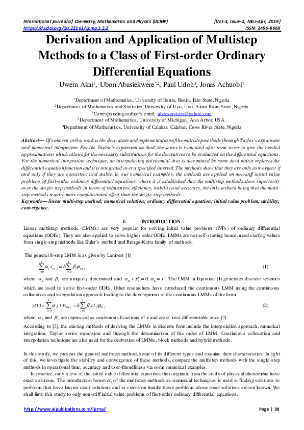 (PDF) Derivation and Application of Multistep Methods to a Class of First-order Ordinary ...