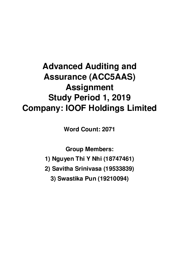 (DOC) Advanced Auditing and Assurance (ACC5AAS) Assignment Company: IOOF Holdings Limited