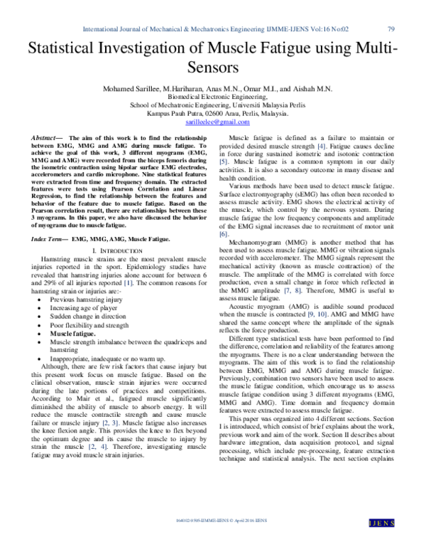 (PDF) Statistical Investigation of Muscle Fatigue using Multi- Sensors