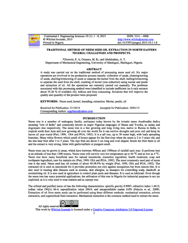 (PDF) TRADITIONAL METHOD OF NEEM SEED OIL EXTRACTION IN NORTH EASTERN ...