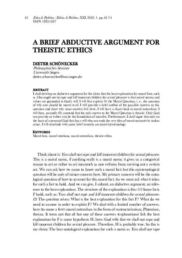 (PDF) A BRIEF ABDUCTIVE ARGUMENT FOR THEISTIC ETHICS