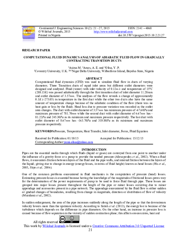 Pdf Computational Fluid Dynamics Analysis Of Adiabatic Fluid Flow In