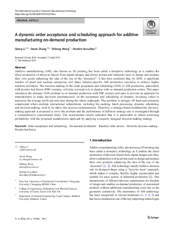 Pdf A Dynamic Order Acceptance And Scheduling Approach For Additive Manufacturing On Demand