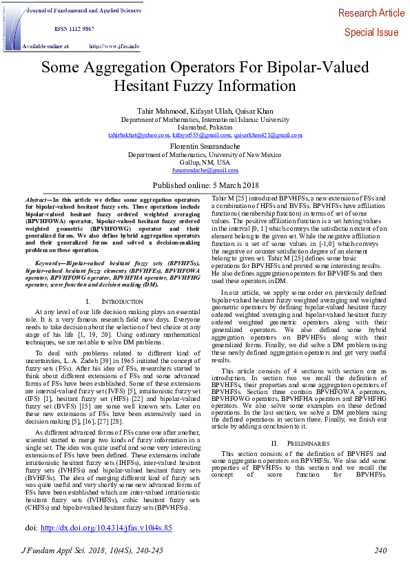 (PDF) Some Aggregation Operators For Bipolar-Valued Hesitant Fuzzy Information