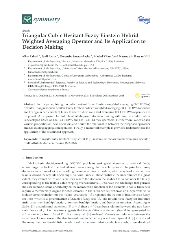 (PDF) Triangular Cubic Hesitant Fuzzy Einstein Hybrid Weighted Averaging Operator and Its ...