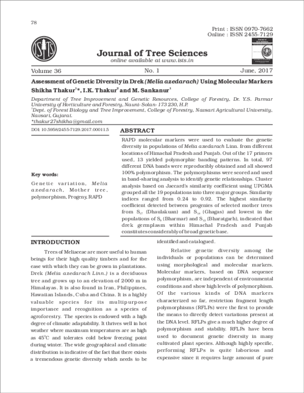 (PDF) Assessment of Genetic Diversity in Drek (Melia azedarach) Using Molecular Markers 1 2 1