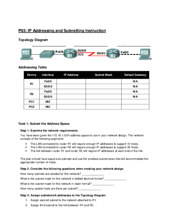 Pdf P03 Ip Addressing And Subnetting Instruction Topology Diagram