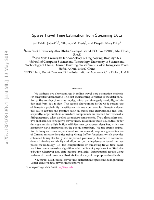 (PDF) Sparse Travel Time Estimation from Streaming Data