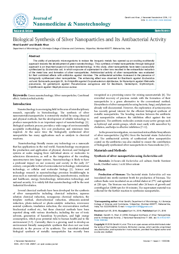 (PDF) Biological Synthesis of Silver Nanoparticles and Its Antibacterial Activity