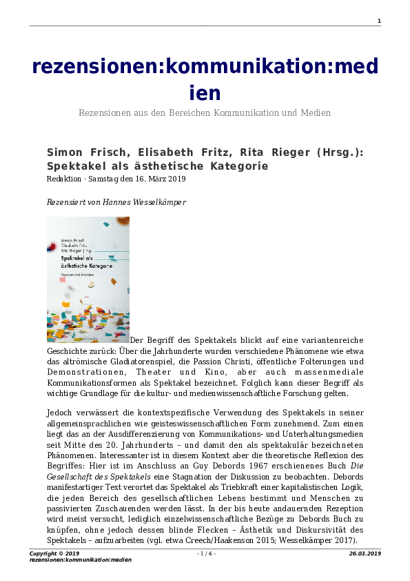 (PDF) Simon Frisch, Elisabeth Fritz, Rita Rieger (Hg.): Spektakel als ...