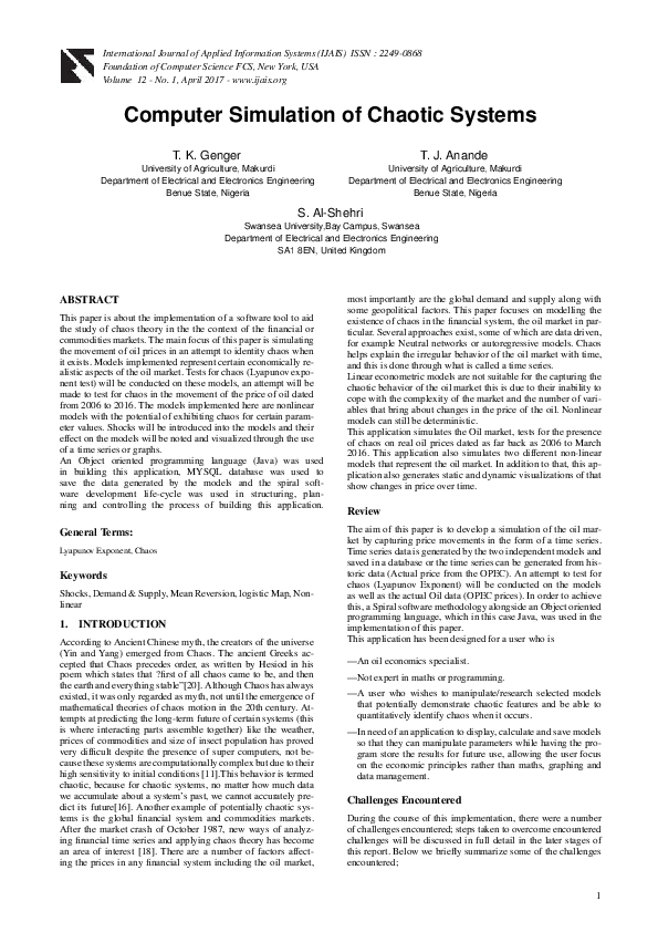 (PDF) Computer Simulation of Chaotic Systems