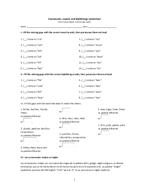(DOC) Consonants, vowels and diphthongs exercises worksheet