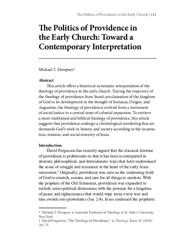 (PDF) The Politics of Providence in the Early Church: Toward a ...