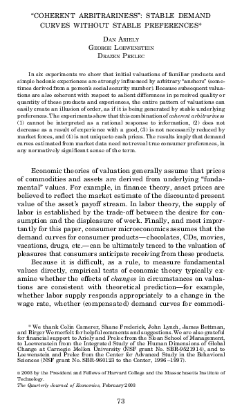 (PDF) "COHERENT ARBITRARINESS": STABLE DEMAND CURVES WITHOUT STABLE ...
