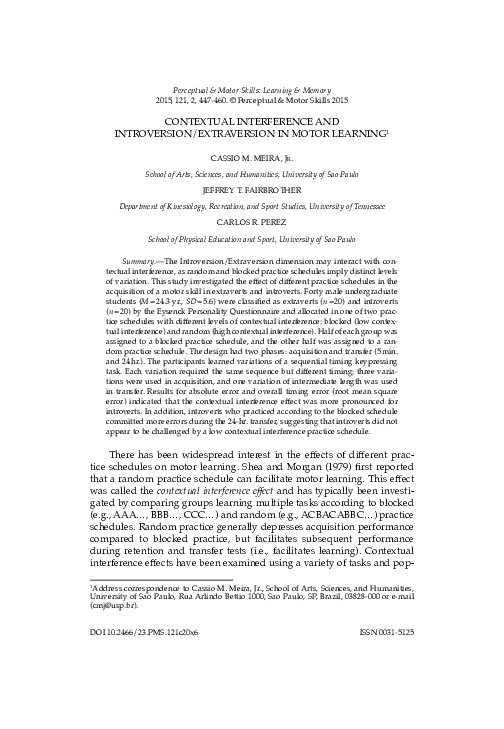 (PDF) CONTEXTUAL INTERFERENCE AND INTROVERSION/EXTRAVERSION IN MOTOR LEARNING 1