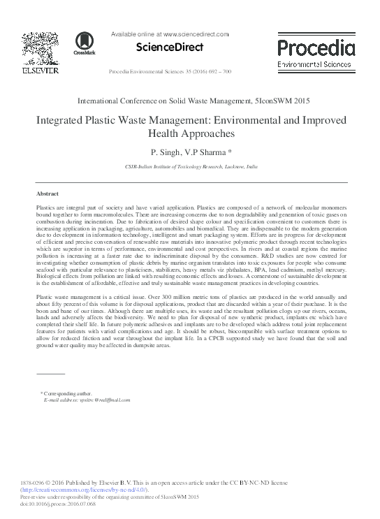 (PDF) ScienceDirect Integrated Plastic Waste Management: Environmental ...
