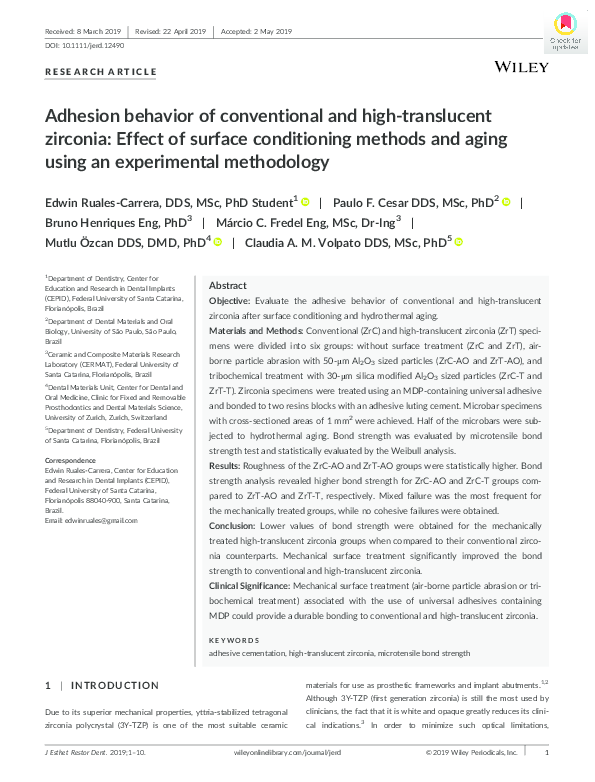 (PDF) Adhesion behavior of conventional and high-translucent zirconia: Effect of surface ...