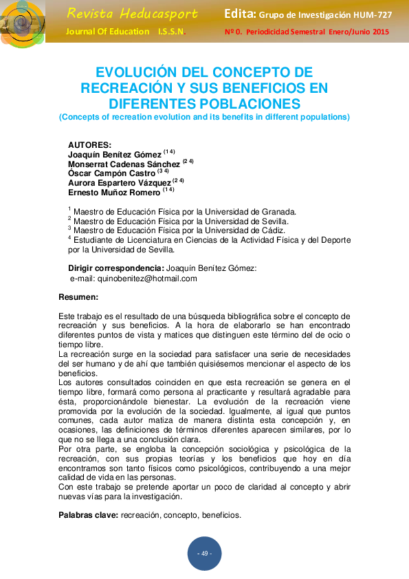 (PDF) EVOLUCIÓN DEL CONCEPTO DE RECREACIÓN Y SUS BENEFICIOS EN ...